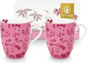 Pip Studio Jolie Flowers sada 2 ks hrnků 350ml, růžová (sada 2 hrnků 350ml z tenkostěnného porcelánu v dárkovém balení)