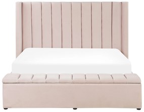 Růžová čalouněná sametová postel s malým úložným prostorem 160 x 200 cm NOYERS Beliani