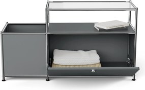 Tchibo - Nízká kovová skříňka »Cn3« s výklopnými dvířky a skleněnou deskou - barva: šedá
