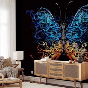 Fototapeta Fantazie - barevný motýl s křídly v ornamentu na černém pozadí