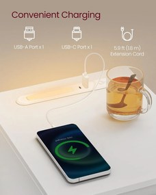 Úzký noční stolek s nabíjecí stanicí a LED osvětlením, s USB porty, bílý