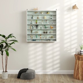 HOMCOM nástěnná vitrína na sběratelské předměty, 80 × 9,5 × 83 cm, 6 nastavitelných polic, 2 posuvné skleněné dveře, bílá — pro figurky a modelová au…