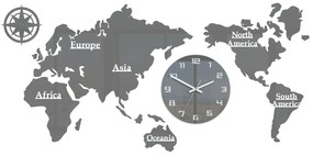 Nástěnné samolepící hodiny Mapa světa 110x55 cm šedé