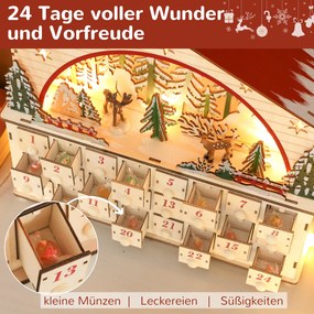 HOMCOM Adventní kalendář k naplnění 24 zásuvky přihrádky, vánoční kalendář s LED světly, přírodní dřevo, 36 x 10 x 34 cm