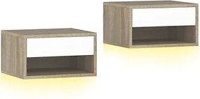 HOMCOM 2dílná sada závěsných nočních stolků s RGB-LED, ovládání aplikací, zásuvka, otevřený prostor, přírodní a bílé