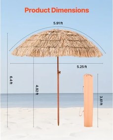 Tiki slunečník, 1,8 m doškový slunečník na terasu s náklonem VEVOR