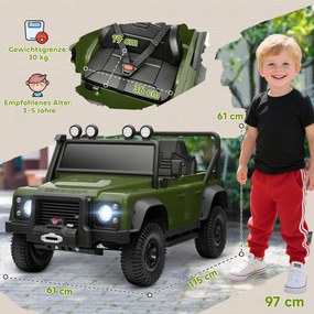 AIYAPLAY Dětské elektrické auto, 12V bateriový pohon, dálkové ovládání, hudební funkce, klakson, LED světla, zelená