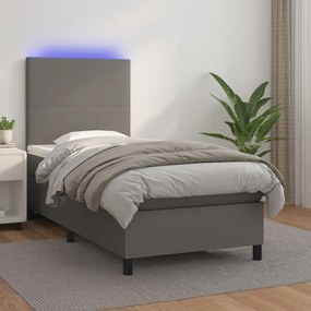 vidaXL Box spring postel s matrací a LED šedá 100x200 cm umělá kůže