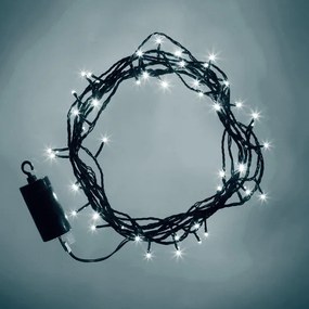 LED světýlka na baterie, venkovní, 10,2 m, ledově bílá, 100 diod, tmavě zelený kabel, IP44, 4× AA