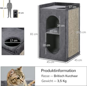 Škrabací sud PawHut se 2 jeskyněmi pro kočky a 2 úrovněmi, lehací plocha se sisalovou škrabací podložkou, plyšový design 45x45x81 cm tmavě šedý pro m…