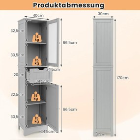 Costway Koupelnová skříňka s 2 dvířky a 1 zásuvkou Volně stojící vysoká, šedá