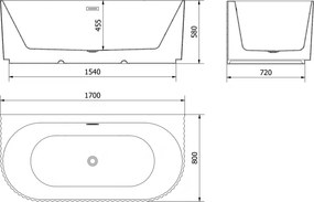 Mexen Sella, volně stojící vana ke stěně, drážkovaná, 170 x 80 cm, bílá lesklá, zlatý lesklý přepad, 52711708000-50