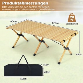 Costway Kempingový stůl, skládací ze dřeva se svinovací deskou, přenosný