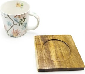 Porcelánový hrnek Fiore s podšálkem z akácie, 350 ml – květinový hrnek na čaj a kávu