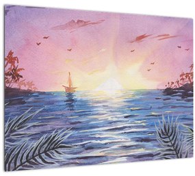 Skleněný obraz - Západ slunce nad vodou, aquarel (70x50 cm)