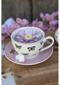 Růžovo-bílý porcelánový šálek s podšálkem s motivem motýlků Butterfly paradise – 200 ml