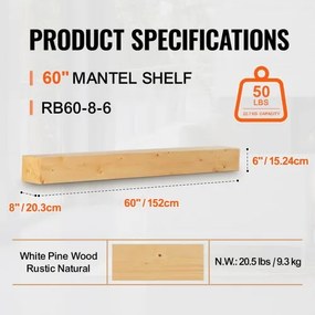 Krbová římsa Dřevěná police Plovoucí rustikální 152,4 cm Natural