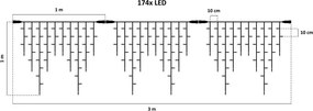 Easy Fix venkovní LED rampouchy, světelné, 300 × 90 cm, teple bílá, 174 diod, bílý kabel, IP67, prodlužovací