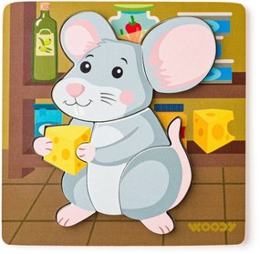 WOODY DŘEVO Baby vkládací puzzle myška skládačka 5 dílků na desce 91365