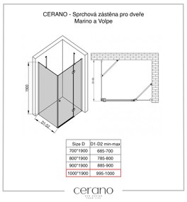 CERANO Cerano, pevná sprchová zástěna pro dveře Marino a Volpe 100x190 cm, 6mm čiré sklo, černý profil, CER-CER-420273