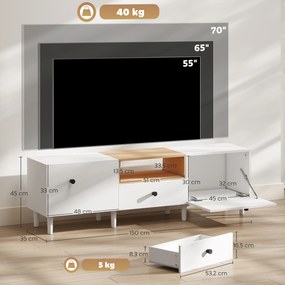 HOMCOM TV nábytek až do 177,8 cm s 2 sklápěcími dvířky, zásuvkou a otevřenou přihrádkou, dřevo, 150x35x45 cm, bílá a dřevěný vzhled