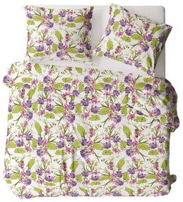 KARO Flanelové povlečení 160x200 1716N bílé fialové zelené květy listy Flanel Comfort button-down