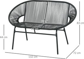 Outsunny zahradní lavička pro 2 osoby ve stylu ocel a umělý ratan s 2 polstry - rozměry 132D x 72Š x 83V cm - černá