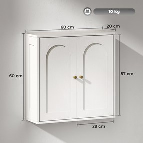 HOMCOM Koupelnová nástěnná skříňka s regály, 2 dveře s obloukovým designem a zlatými úchyty, 60x20x60 cm, bílá