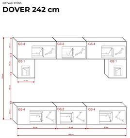 Ral Obývací stěna DOVER 2, 242 cm - Bílý lesk