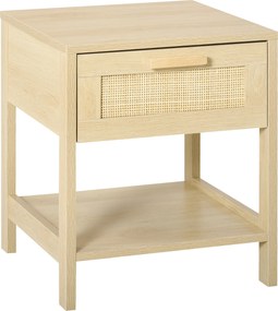 HOMCOM Noční stolek s ratanovou zásuvkou a dolní policí, nosnost 40 kg, pro ložnici a obývací pokoj, 40x40x48 cm, přírodní dřevo