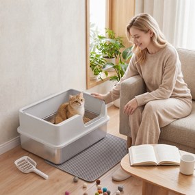 PawHut Kočičí toaleta XL z nerezové oceli s víkem, vysoké boční stěny, lopatka, kartáč, podložka pro koťata až do 8 kg, světle šedá