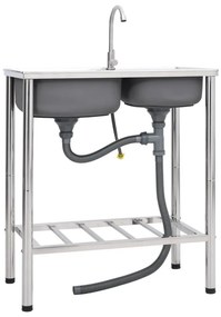 Kempingový dřez dvojitý s baterií nerezová ocel 151211