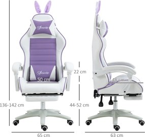 Vinsetto Herní židle ergonomická s podnožkou králičí uši 135° polohovací kancelářská židle nastavitelná výška bederní opěrka hlavy koženka fialová