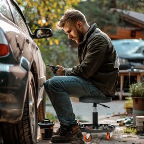 HOMCOM Mechanická Židle, Servisní Stolik, Otočné Sedadlo, Nastavitelná Výška, Kolečková Pracovní Židle s Přihrádkou 100 kg pro Garáž a Automobilové Op