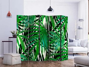 Pokojová zástěna Tropické listy II - kompozice zelených listů palmy na šedém pozadí