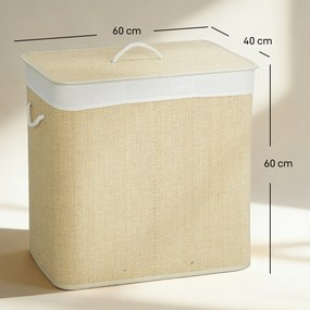 HOMCOM bambusový koš na prádlo s víkem, 144 l, 3 přihrádky, vyjímatelné pratelná vložka, madla, 60×40×60 cm, krémový