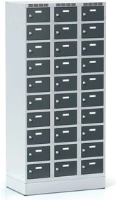 Šatní skříňka S6 s úložnými boxy na soklu, 30 boxů, 1920 x 900 x 500 mm, otočný zámek, tmavě šedé dveře