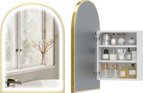 HOMCOM nástěnná koupelnová skříňka se zrcadlem a LED osvětlením, zakřivené dveře, proti zamlžení, 50x14,5x70 cm, zlatá