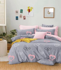 Bavlissimo 7-dílné povlečení bavlněné se srdíčky a love na šedé 140x200 na dvě postele