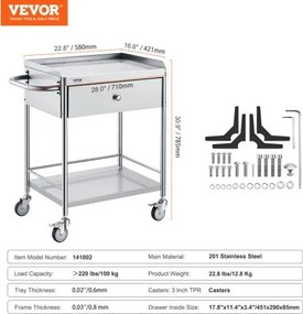 Zdravotní vozík, 2vrstvý vozík z nerezové oceli, nosnost 99,8 kg