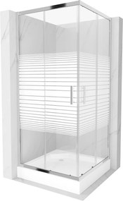 Mexen Rio, čtvercový sprchový kout s posuvnými dveřmi 90 x 90 cm, 5mm čiré sklo/pásy, chromový profil + bílá vysoká sprchová vanička Rio, 860-090-090-01-20-4510