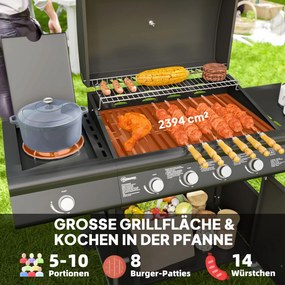 Outsunny Plynový gril 15,2 KW, grilovací vozík včetně 5 nerezových hořáků, kolečka, boční vařič, 129,5 x 56 x 110 cm, černá