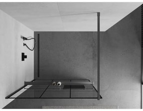 Mexen Kioto+, sprchová zástěna Walk-In s poličkou a věšákem 120 x 200 cm, 8mm čiré sklo černý vzor, ​​grafitový profil, 800-120-121-95-77