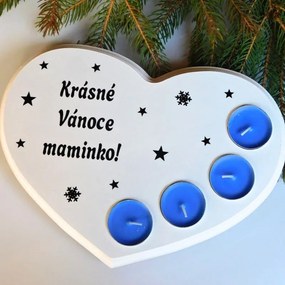 Dřevěný vánoční svícen srdce Krásné Vánoce modré svíčky