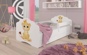 ADRK Postel CASIMO LION, CH-Cas-Barri-Lio-160-E106, 160x80 cm se zásuvkou, zábradlím a matrací, bílá/grafika