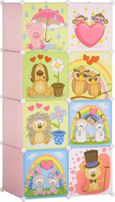 HOMCOM Modulární regál na boty s motivy zvířat do interiéru, 8 kostek 35x45x35cm z PP plastu a oceli, 74x47x144cm, Růžová | Aosom