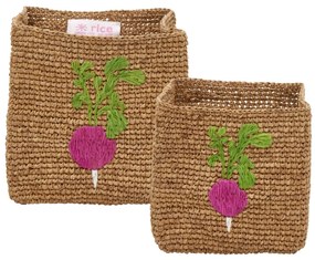 rice Úložný košík Raffia Square Tea Radish - set 2 ks, růžová barva, hnědá barva