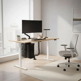 Výškově nastavitelný stůl OfficeTech C, 160 x 80 cm, bílá podnož, dub kamenný