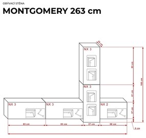 Ral Obývací stěna MONTGOMERY 2, 263 cm - Černý lesk