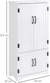 HOMCOM Vysoký kredenc do kuchyně se 4 dveřmi a nastavitelnými policemi pro obývací pokoj a koupelnu 60x30x123 cm Bílý